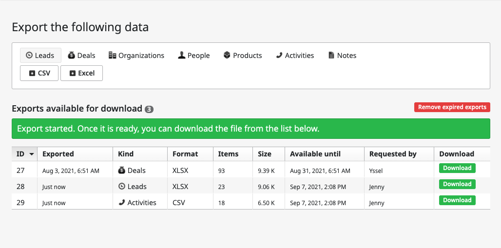 Exporting data from Pipedrive - Knowledge Base | Pipedrive
